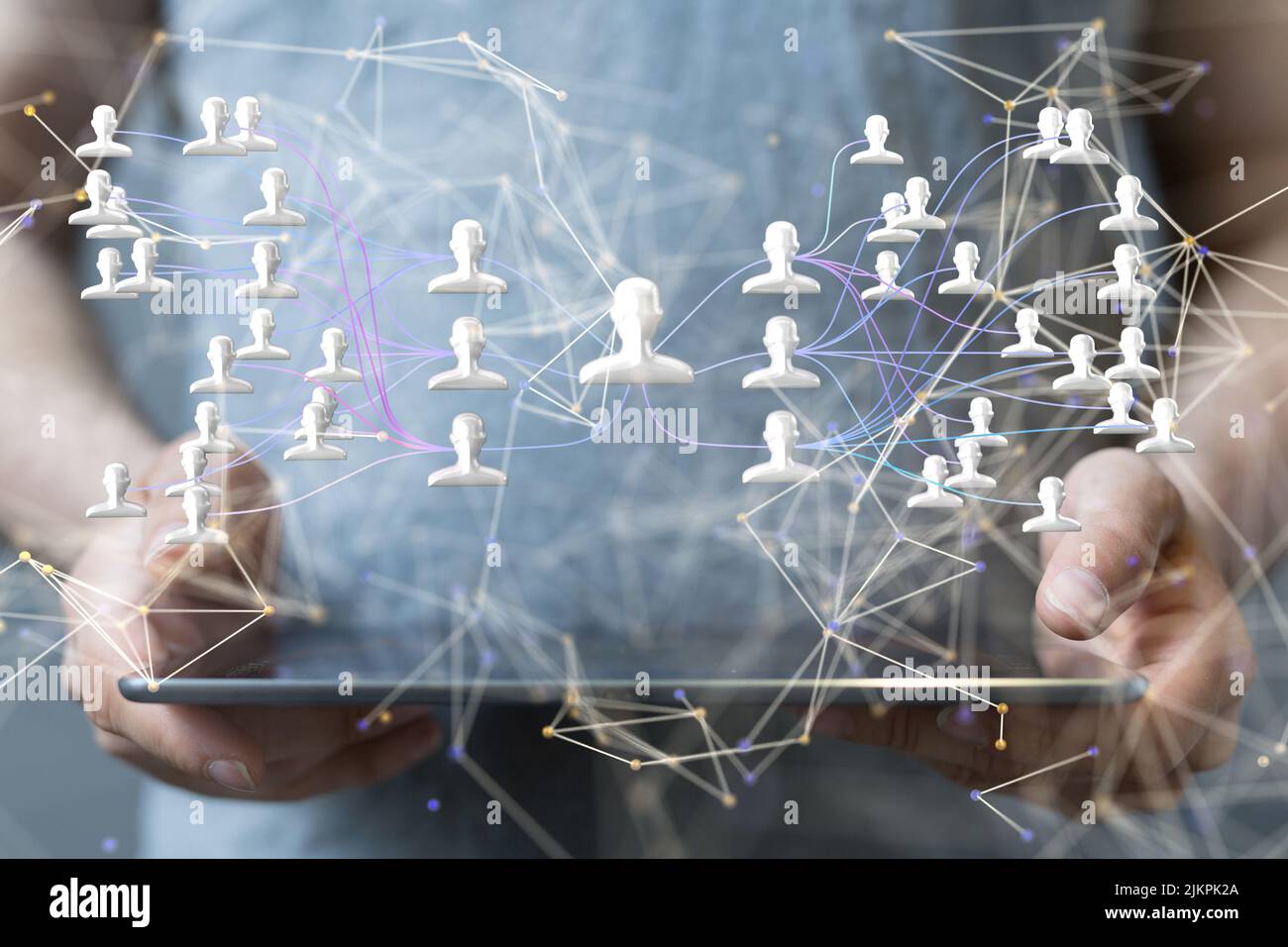 A 3D rendering of a group of floating people icons on a tablet ...