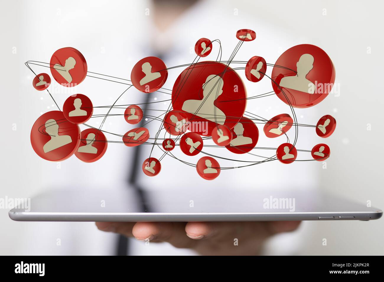 A 3D rendering of a group of floating red people icons on a tablet ...