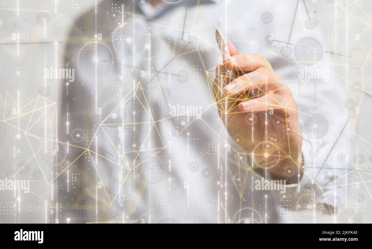 A 3D rendering of a man pointing at hovering sphere network structure ...