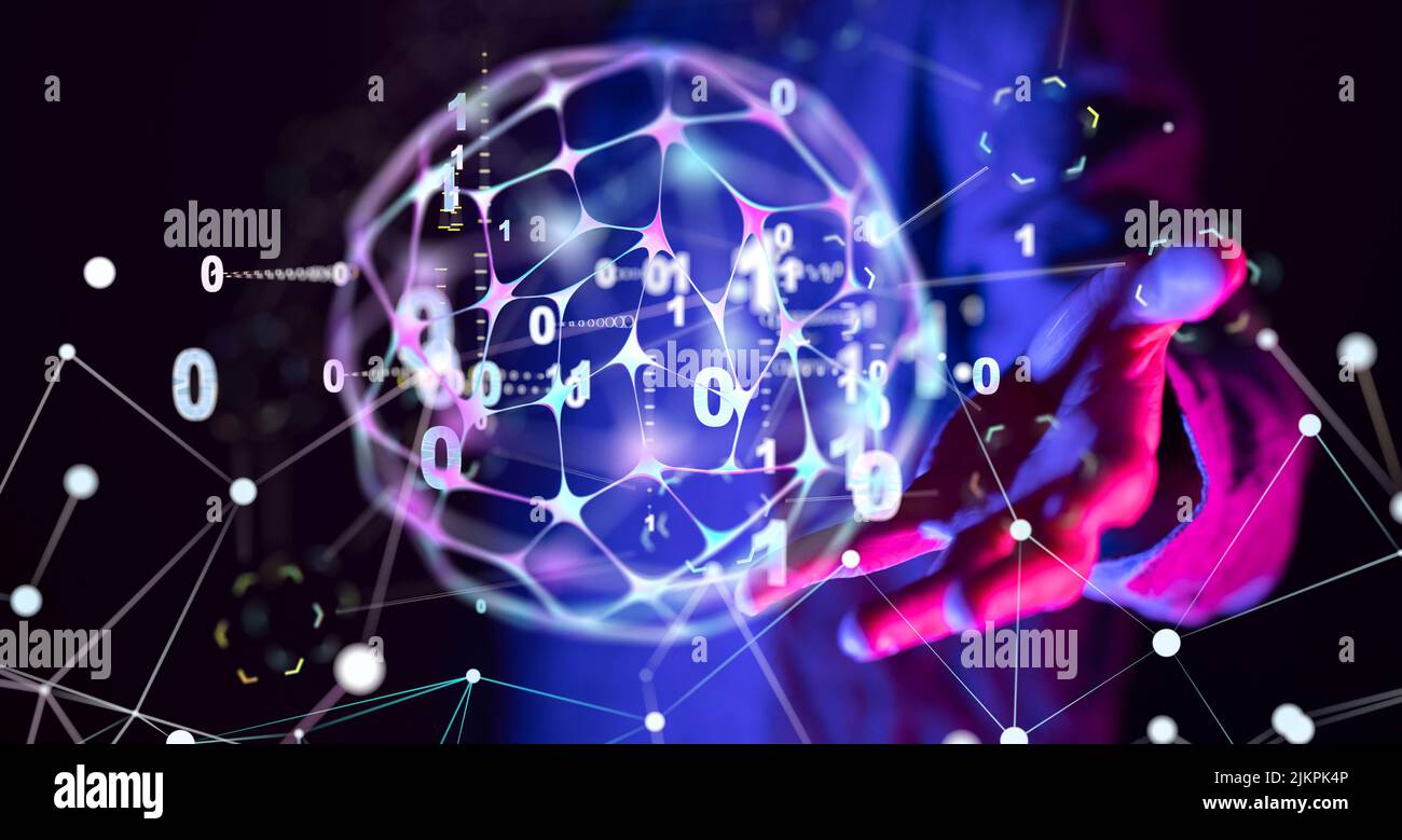 A 3D rendering of sphere network structure hovering on a man's hand ...