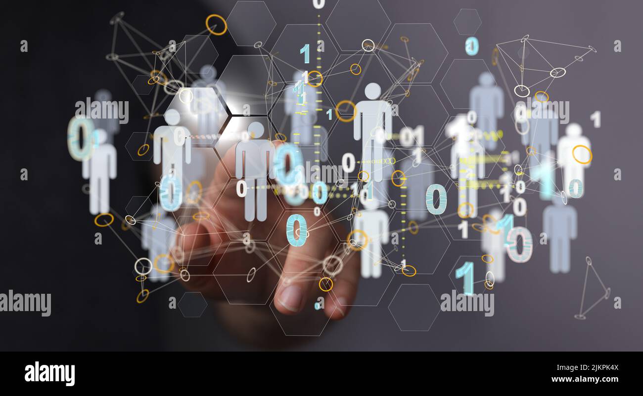 A finger pointing at human figure illustrations as a digital network ...