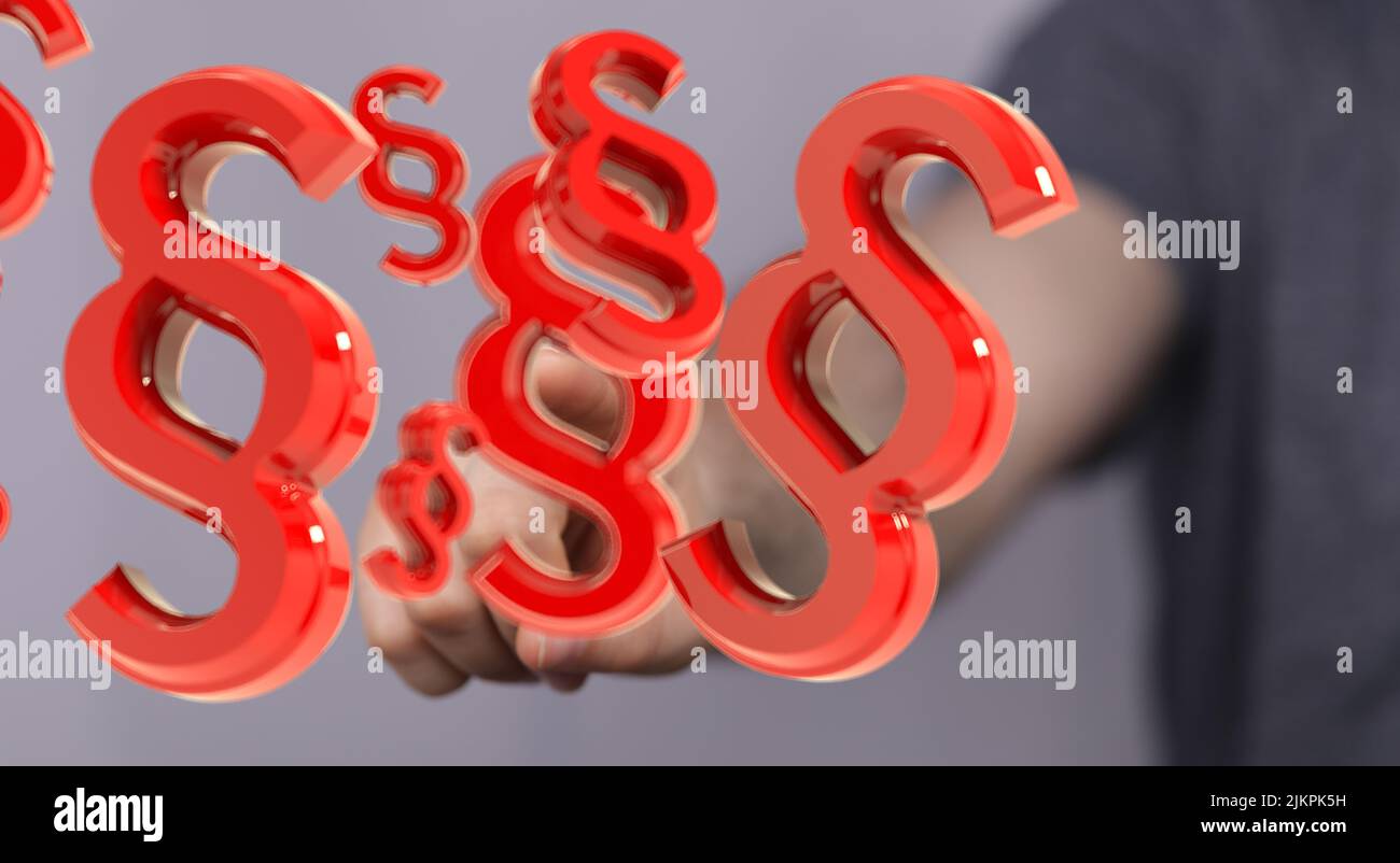 A closeup of a man pointing into 3D rendered paragraph section sign ...