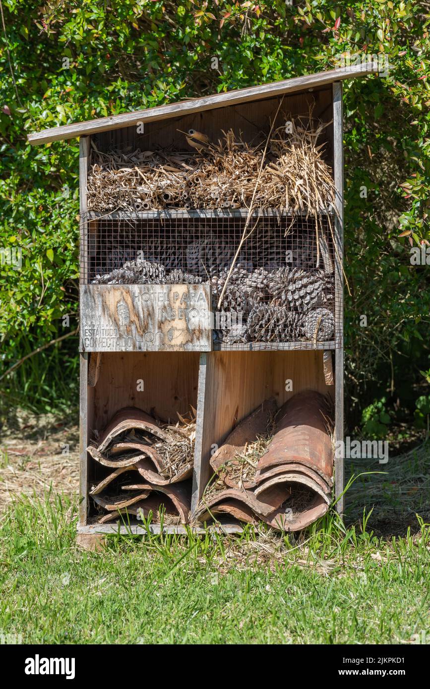 A vertical shot of an insect hotel created to attract pollinating ...