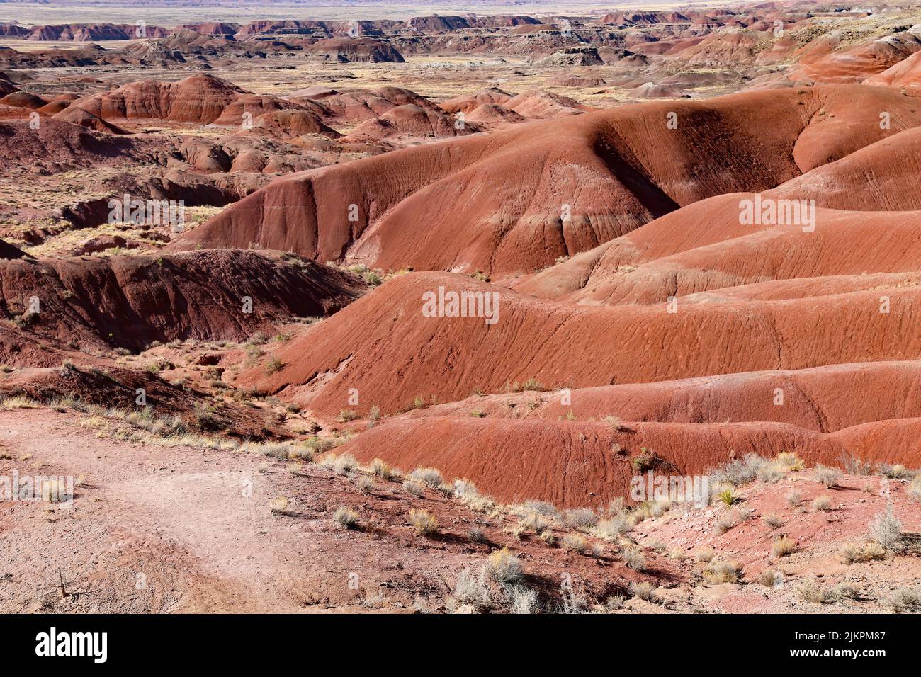 A dry landscape of red rock formations in a desert under the sunlight ...