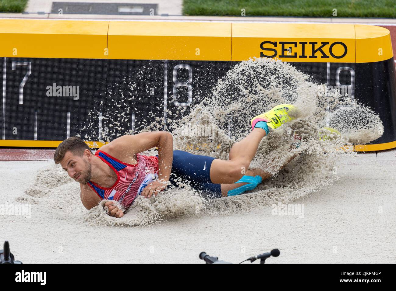 Jiri Sykora (CZE) long jumps 23-5 (7.14) in the decathlon during the ...