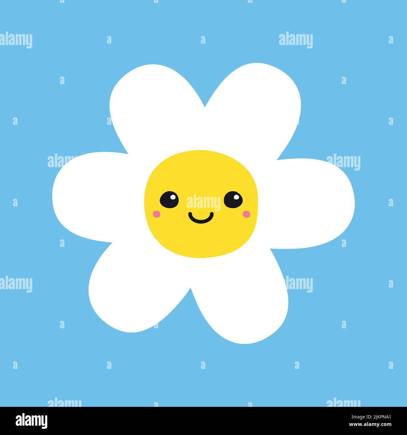Vector hand drawn flat daisy flower with face isolated on blue ...