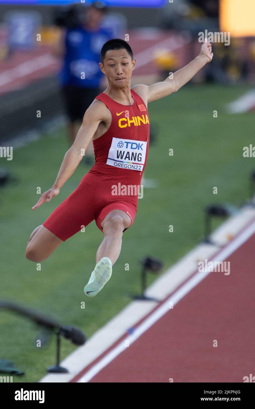 Jianan Wang (CHN) jumps 27’ 5” (8.36) to wind gold in the long jump final during the afternoon ...