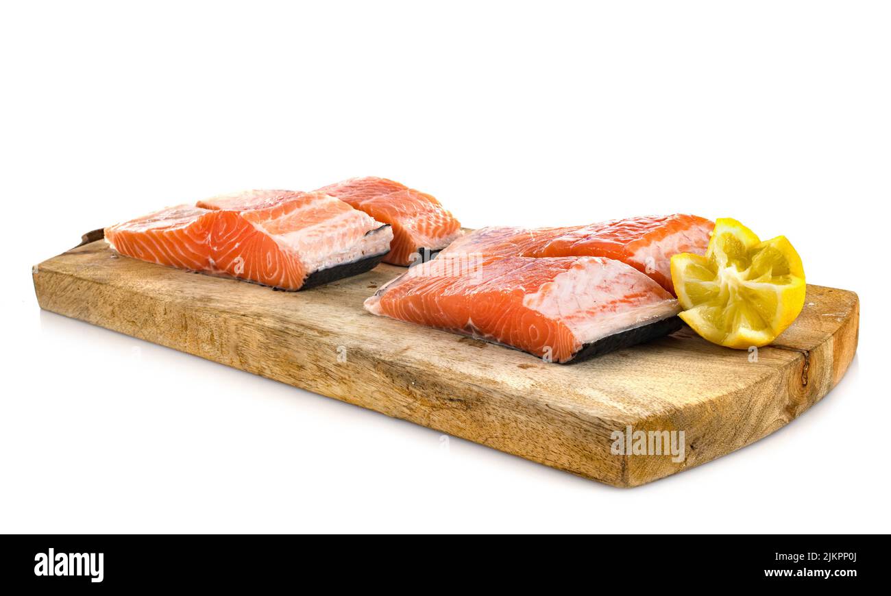 steak of salmon in front of white background Stock Photo - Alamy