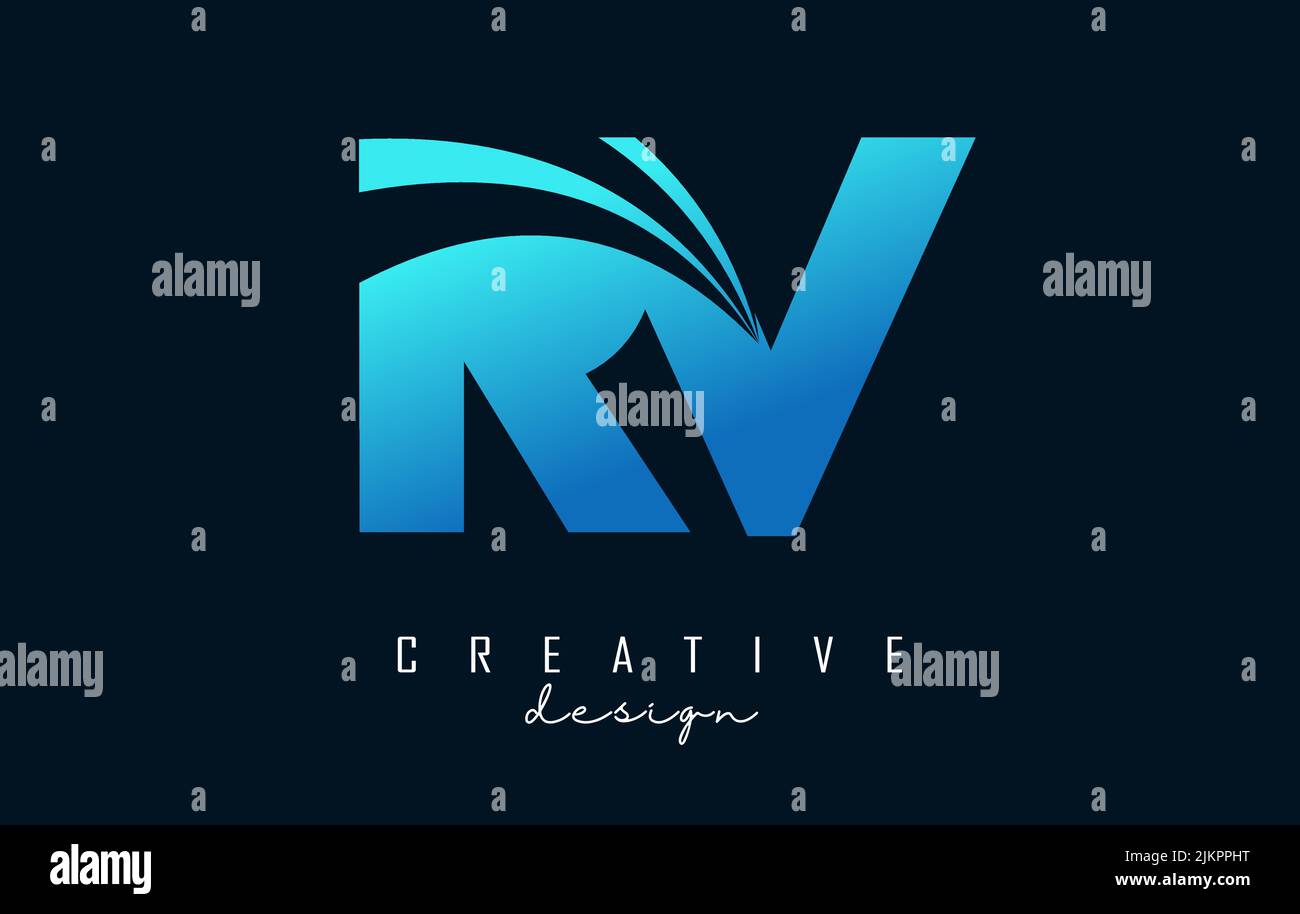 Creative blue letter RV R v logo with leading lines and road concept ...