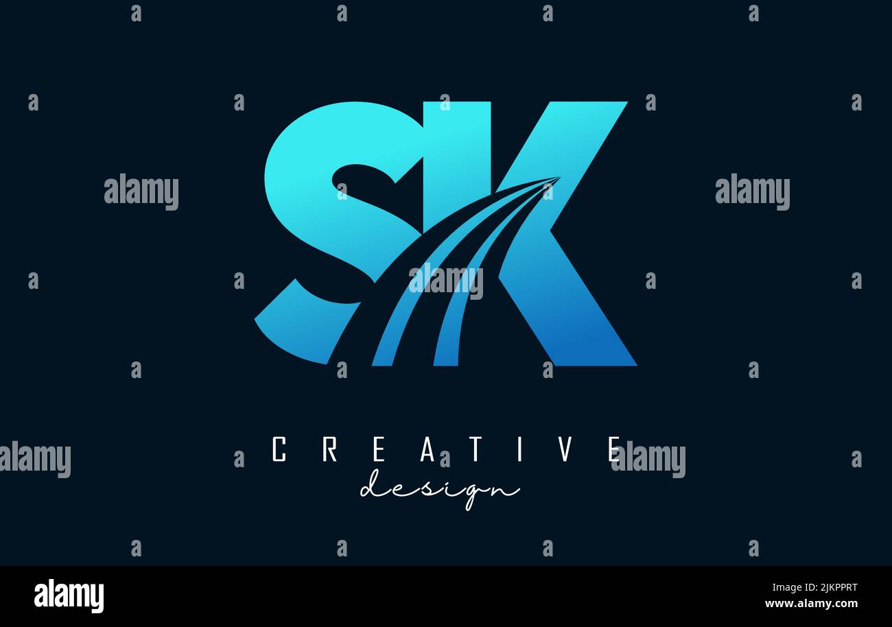 Creative blue letter SK s k logo with leading lines and road concept ...