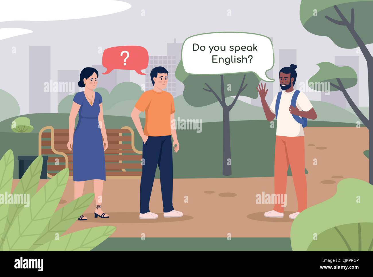 Traveler trying to communicate with foreign people flat color vector ...