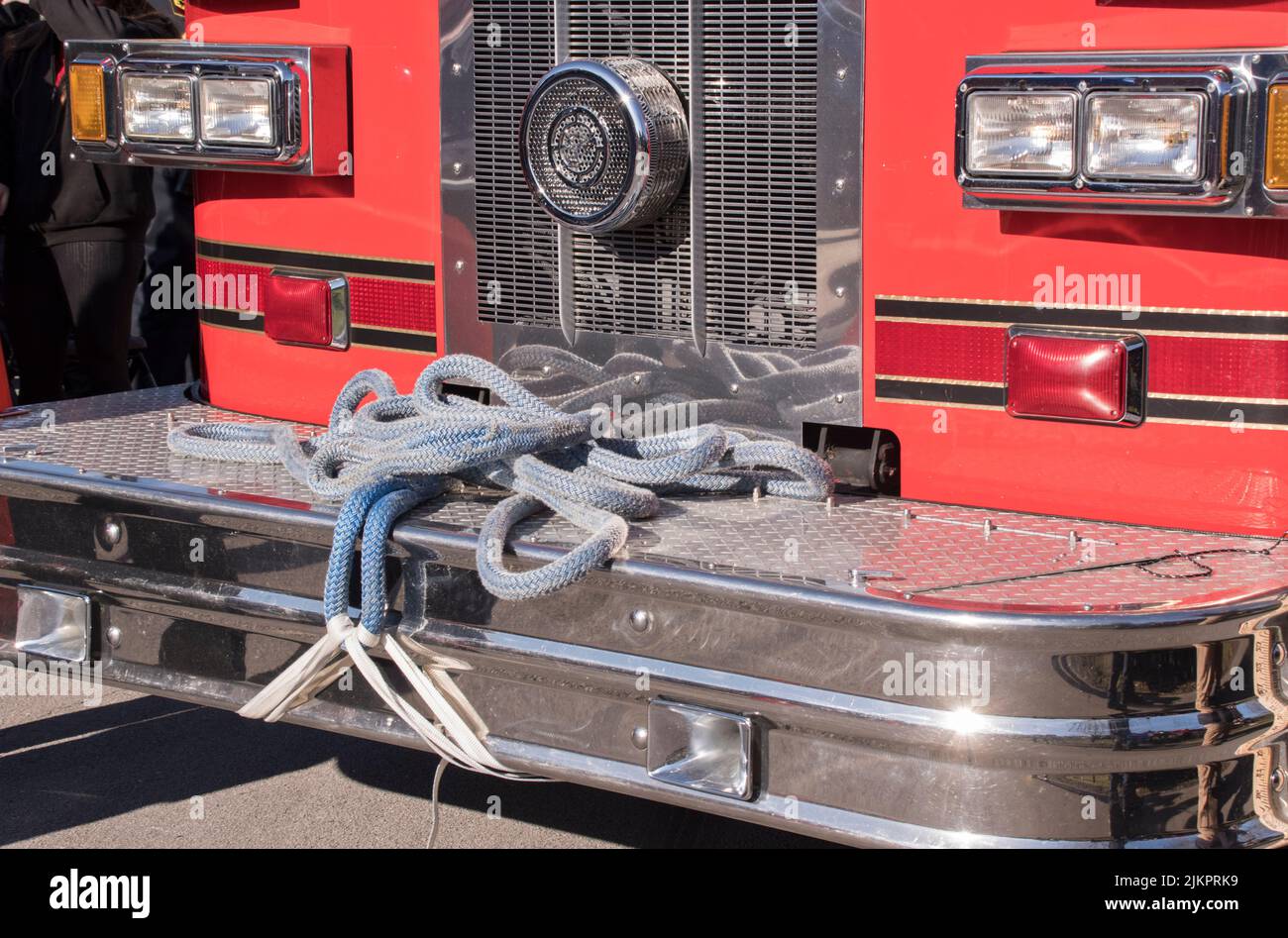 A rope is tied to a fire truck to be used by different teams ...