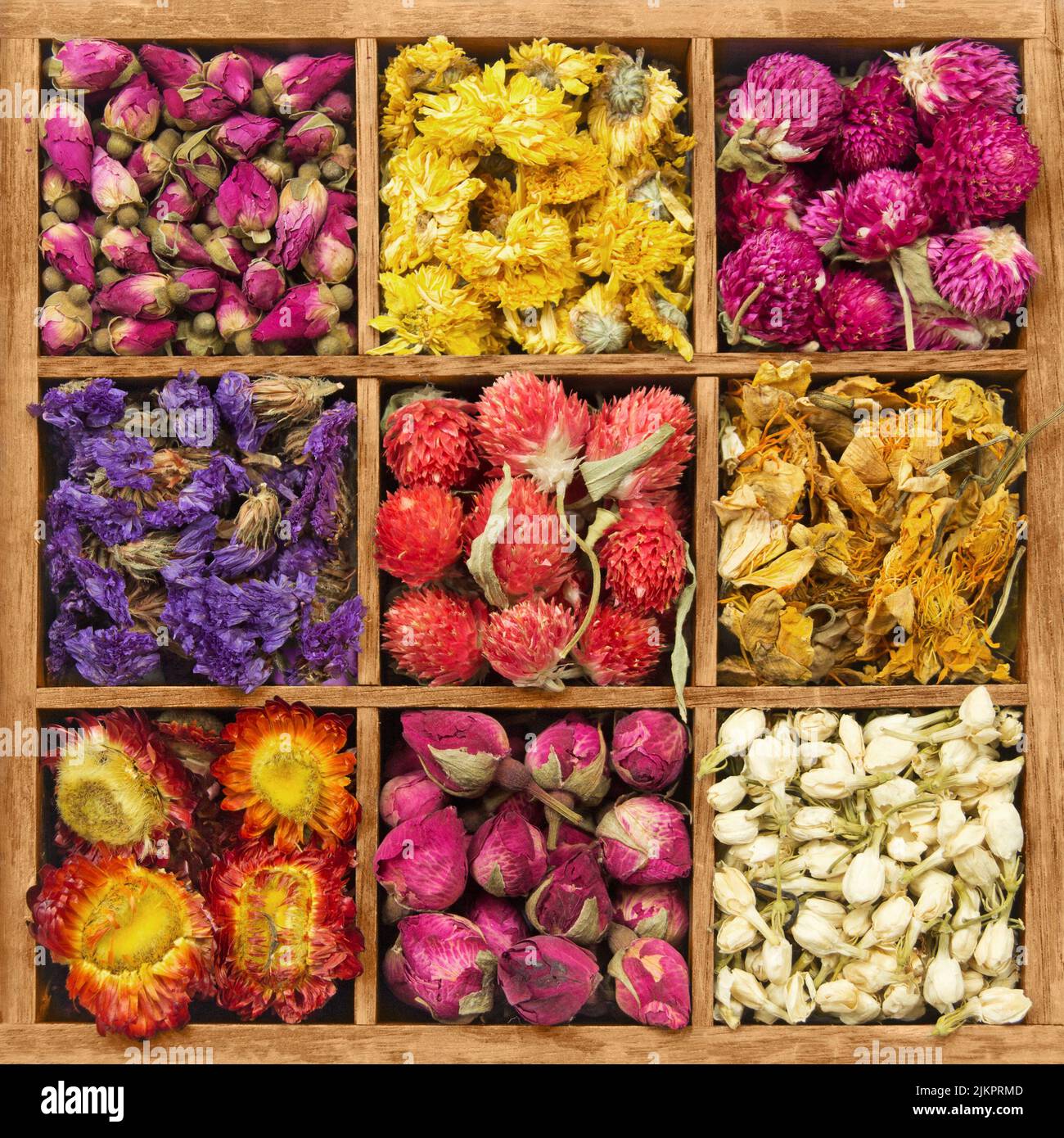 Wooden box with assorted flower tea Stock Photo - Alamy