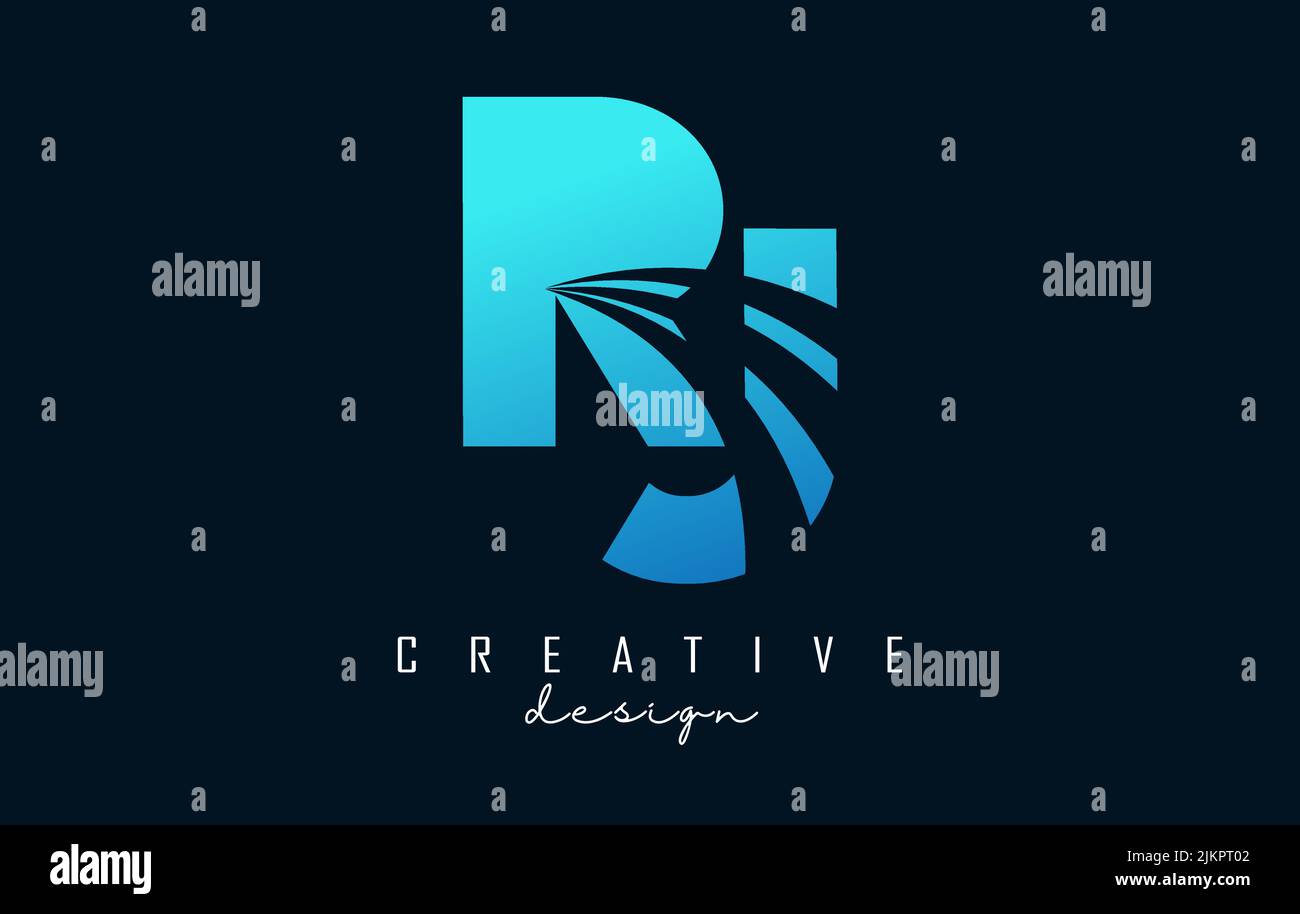 Creative blue letter RJ r J logo with leading lines and road concept ...