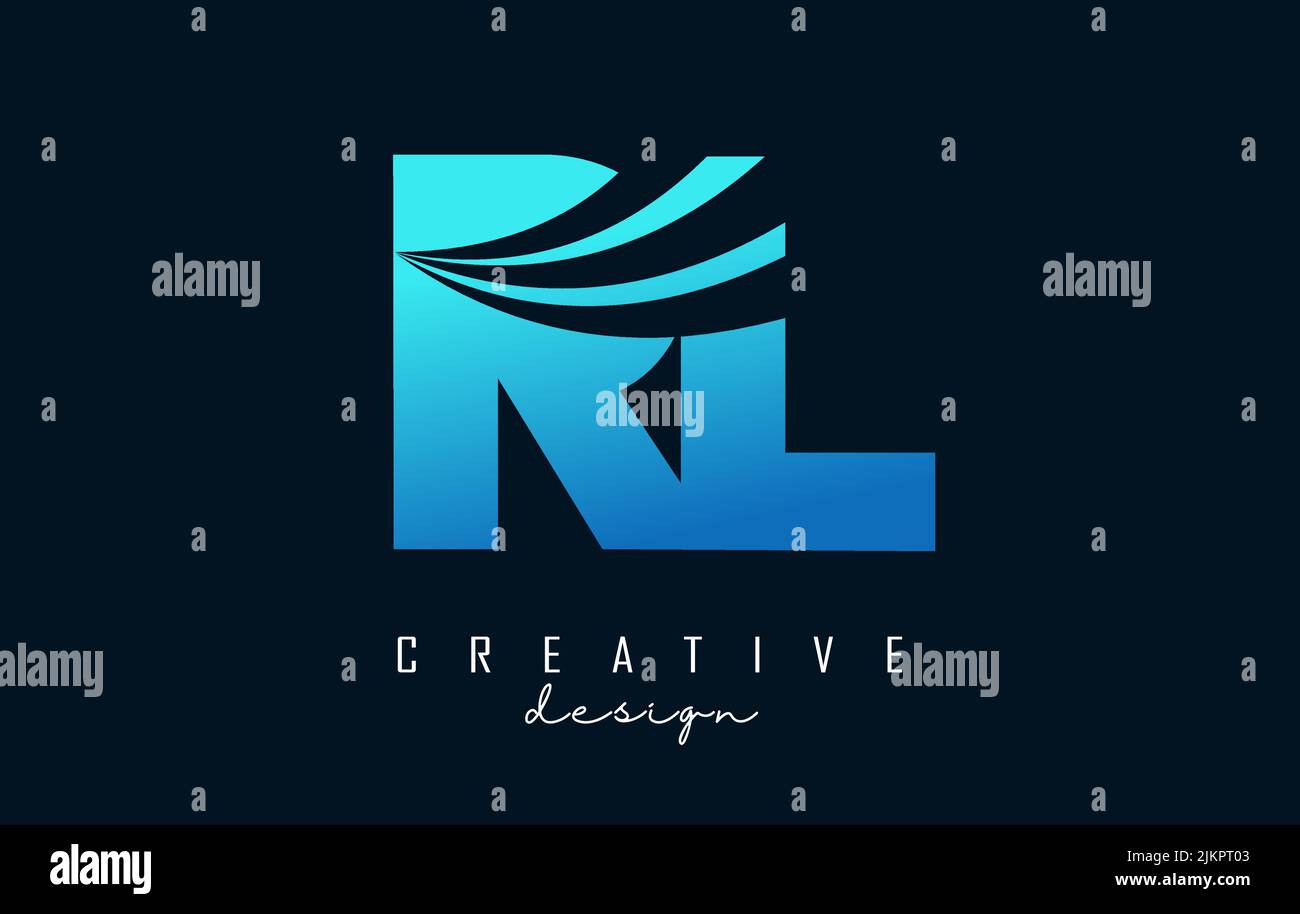 Creative blue letter RL r L logo with leading lines and road concept ...