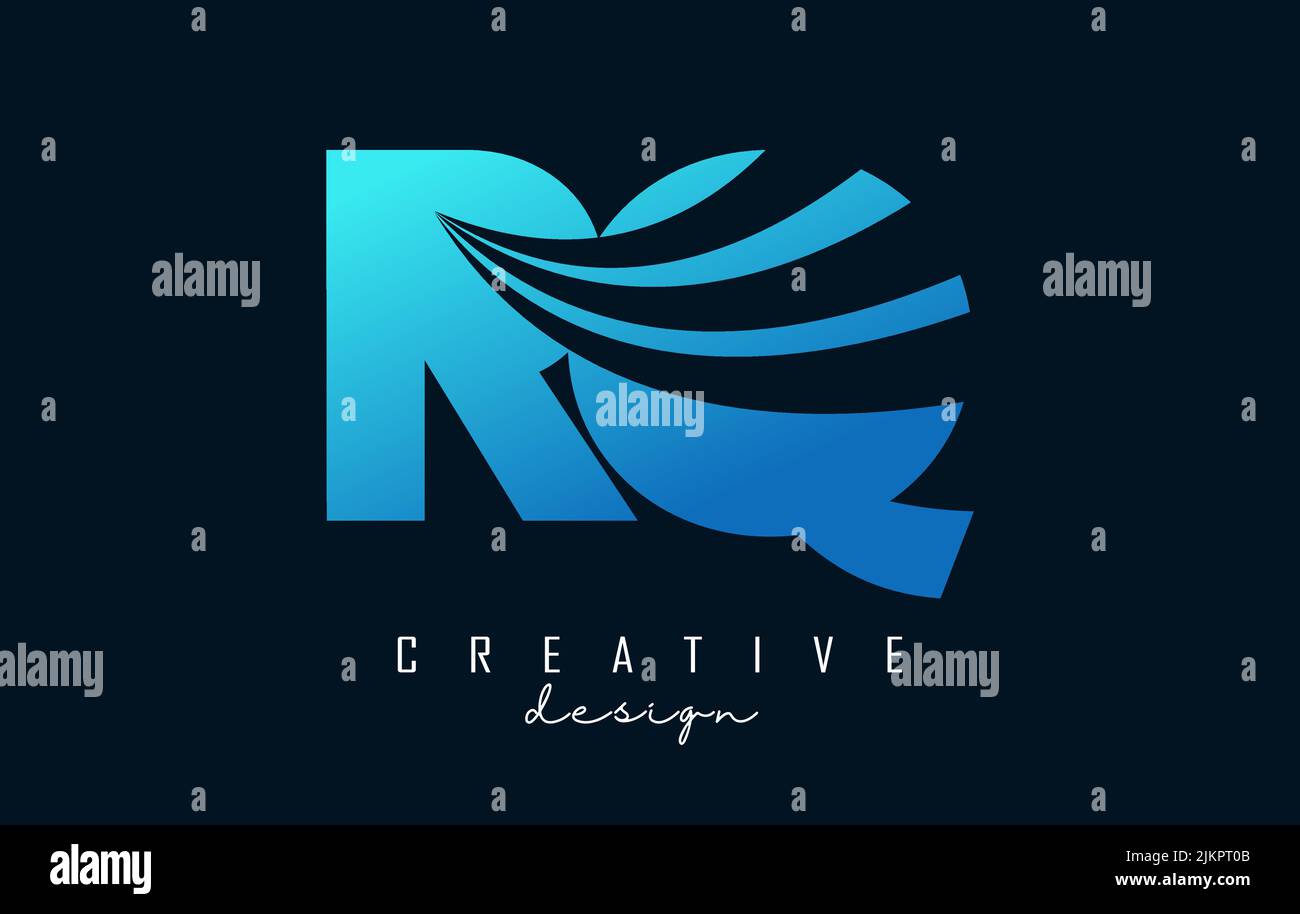 Creative blue letter RQ R q logo with leading lines and road concept ...