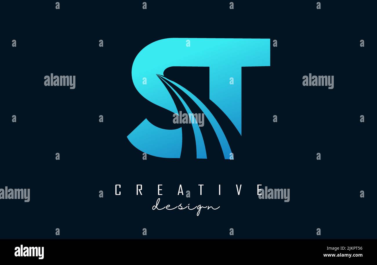 Creative blue letter ST s t logo with leading lines and road concept ...