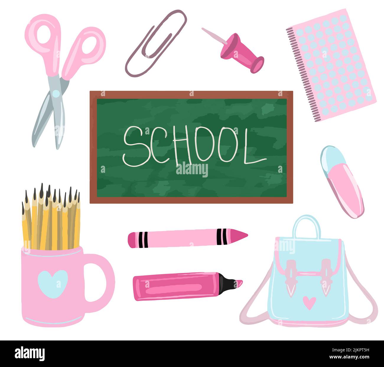 School supplies: backpack, pencils, brushes, paints, ruler, sharpener ...