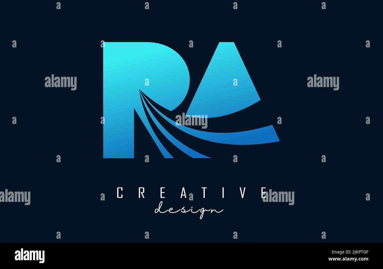 Creative blue letter RA r a logo with leading lines and road concept ...
