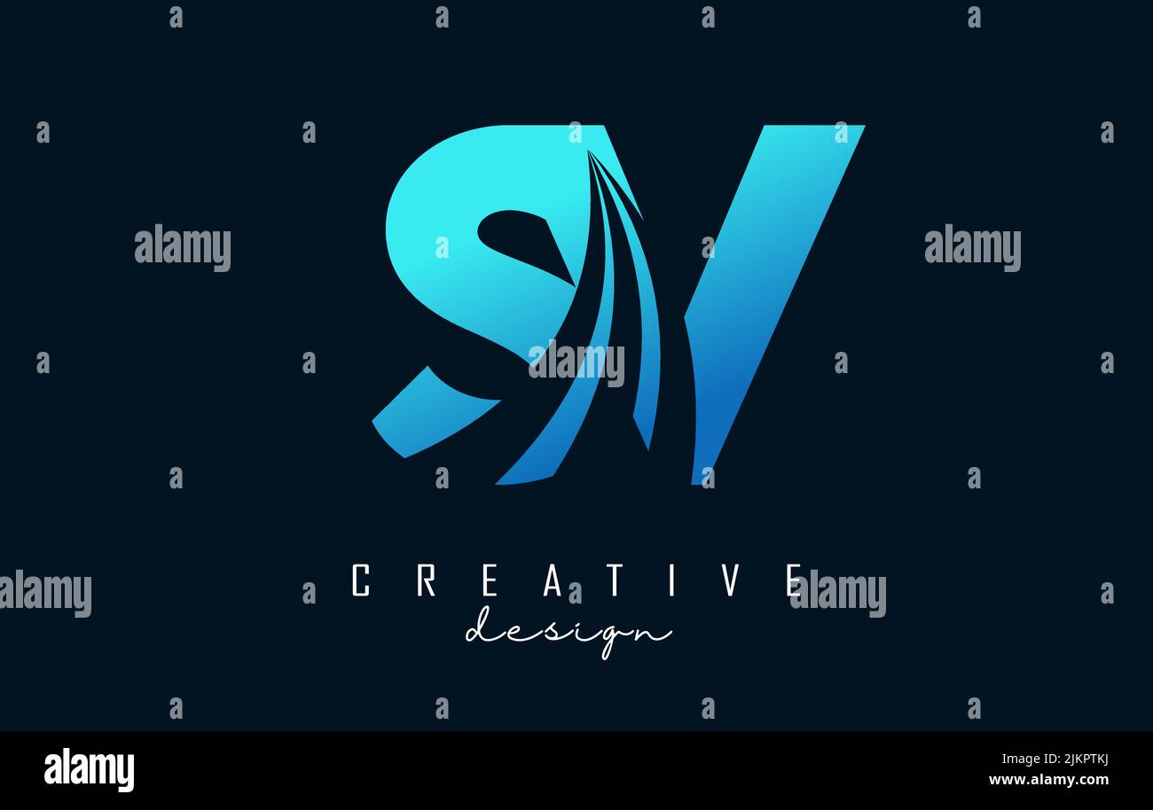 Creative blue letter SV s v logo with leading lines and road concept design. Letters with ...