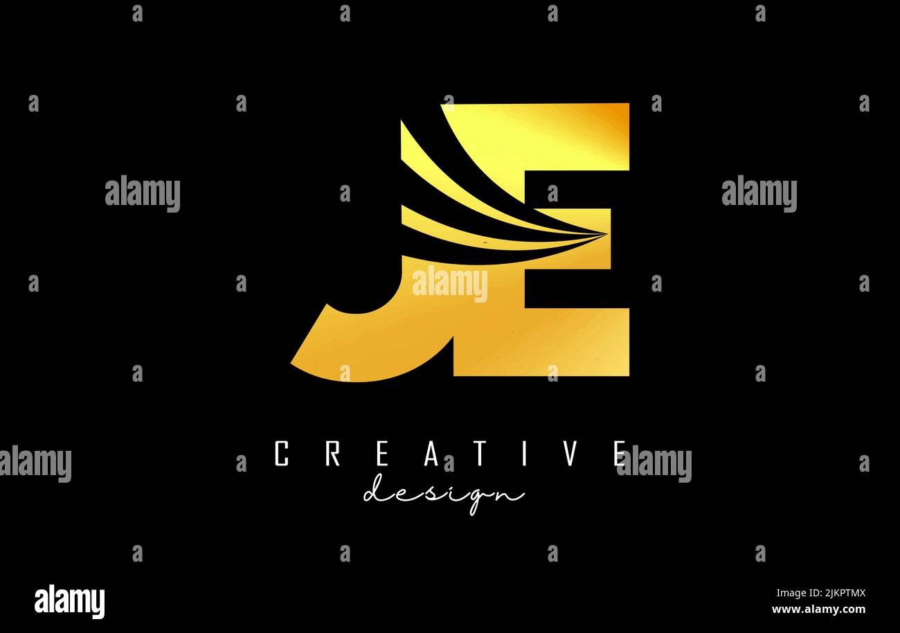 Creative golden letter JE J e logo with leading lines and road concept ...