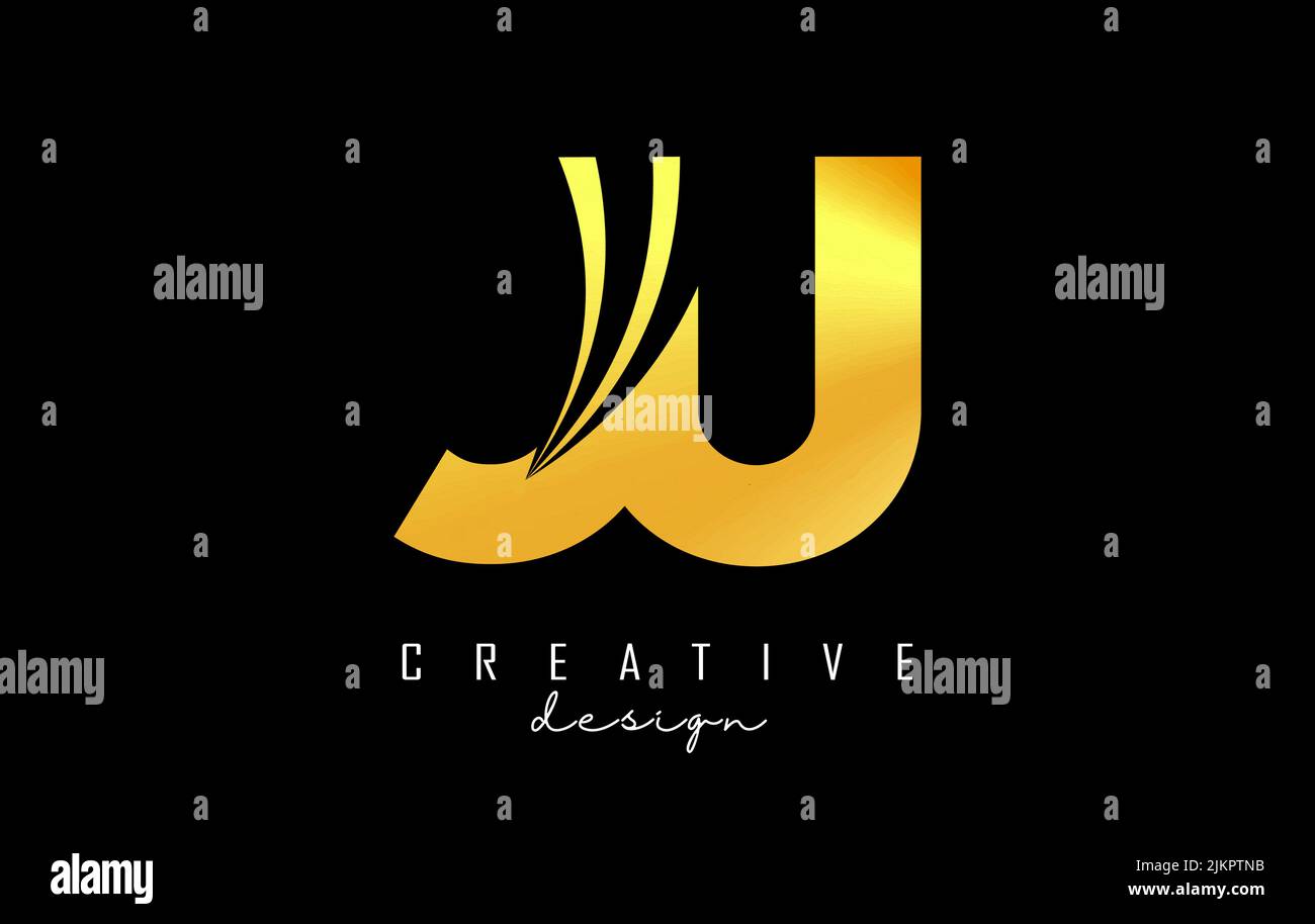 Creative golden letter JU J u logo with leading lines and road concept ...