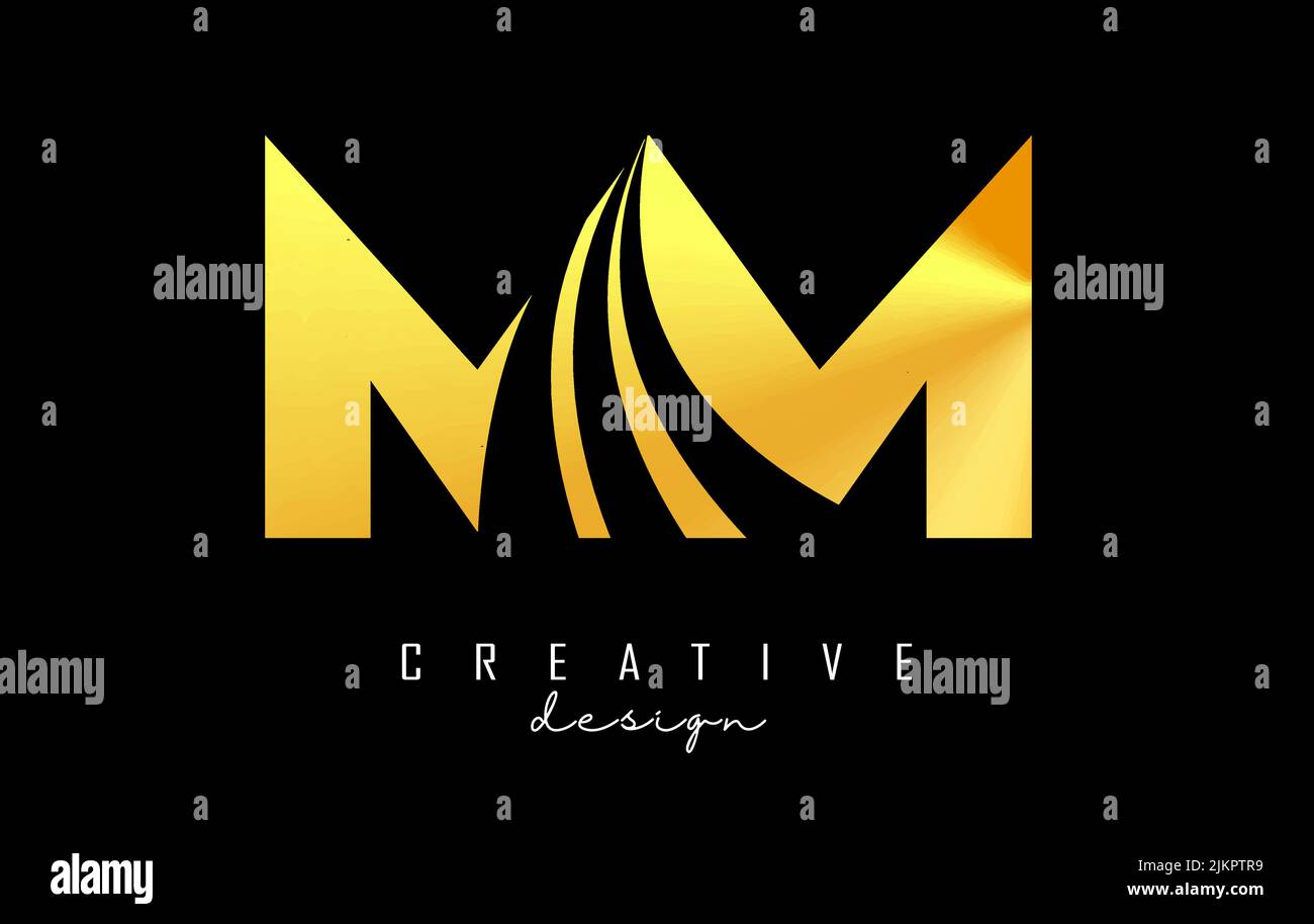 Creative golden letter MM m logo with leading lines and road concept ...