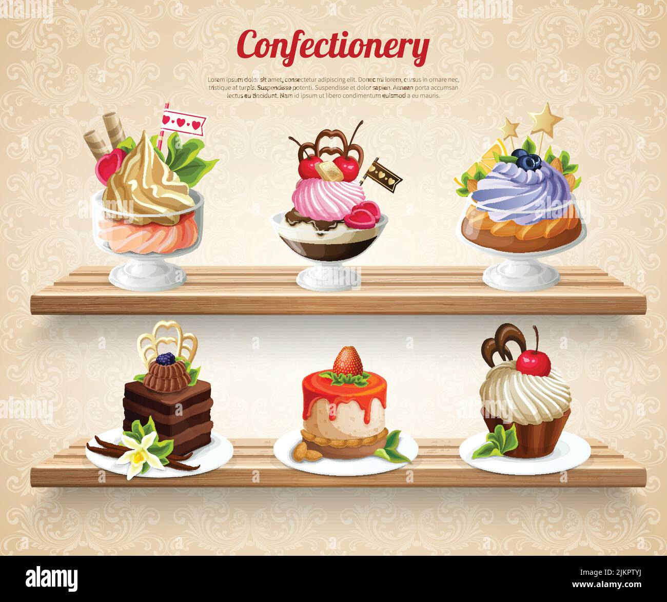 Confectionery with colorful desserts and yummy cakes on wooden shelves ...