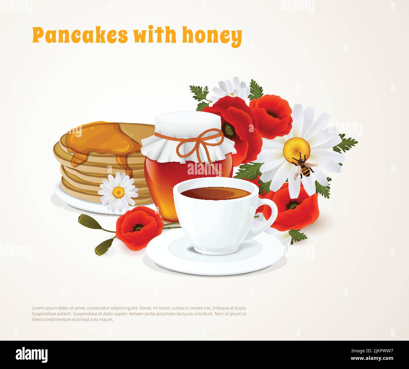 Pancakes with honey colored composition pancakes tea on breakfast and ...