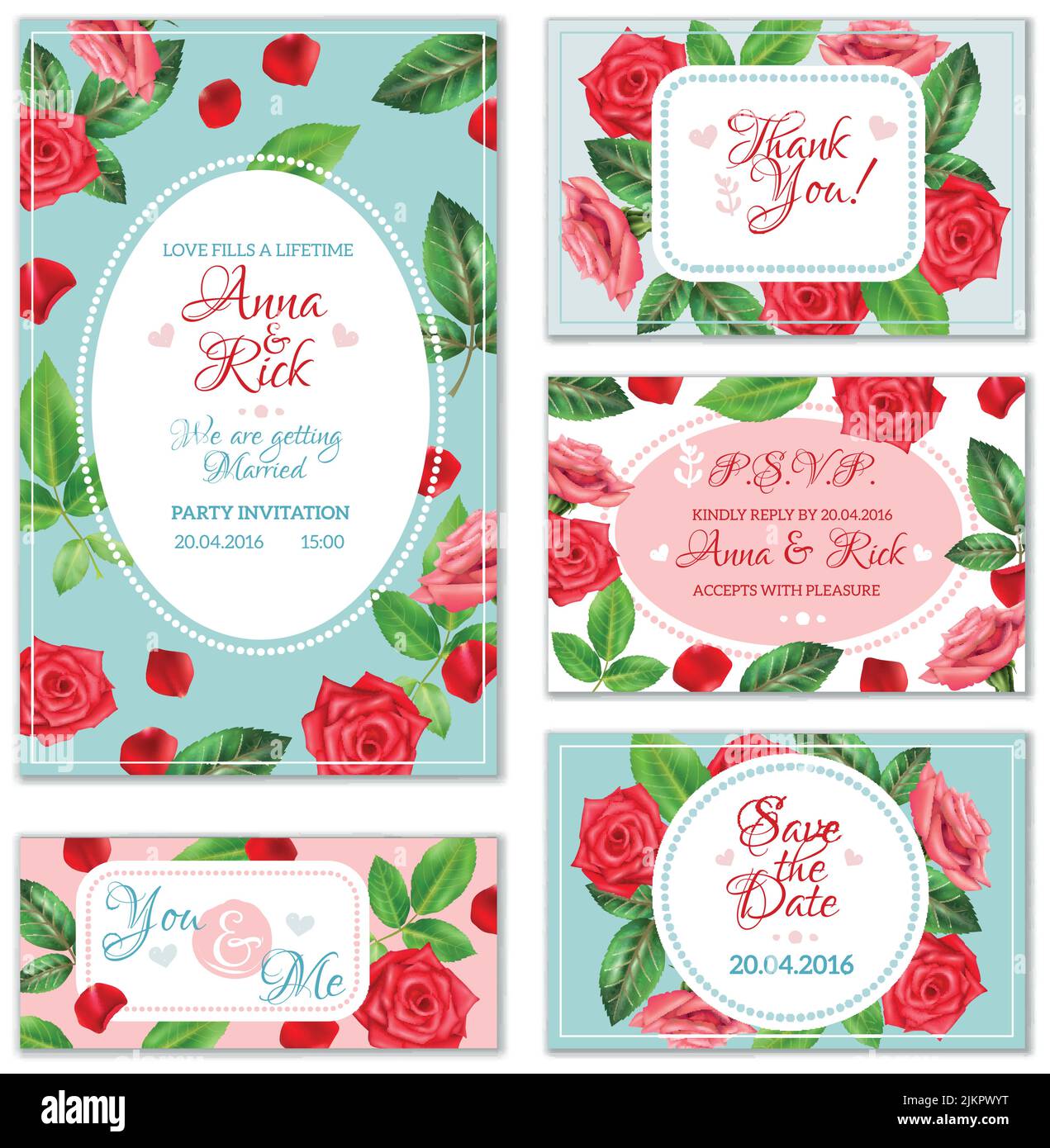 Colorful romantic banners and invitation cards with red and pink roses ...