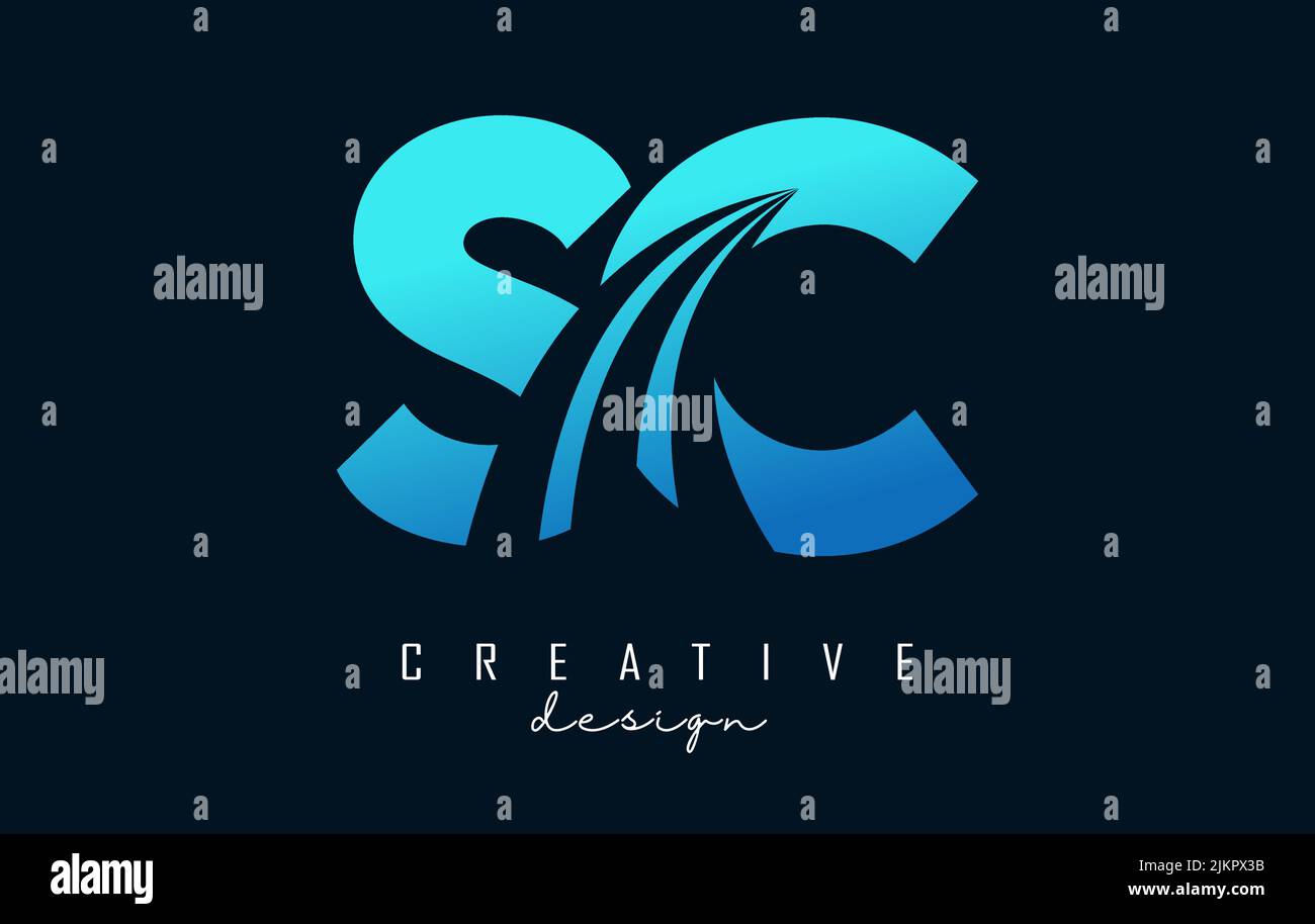 Creative blue letter SC s c logo with leading lines and road concept ...