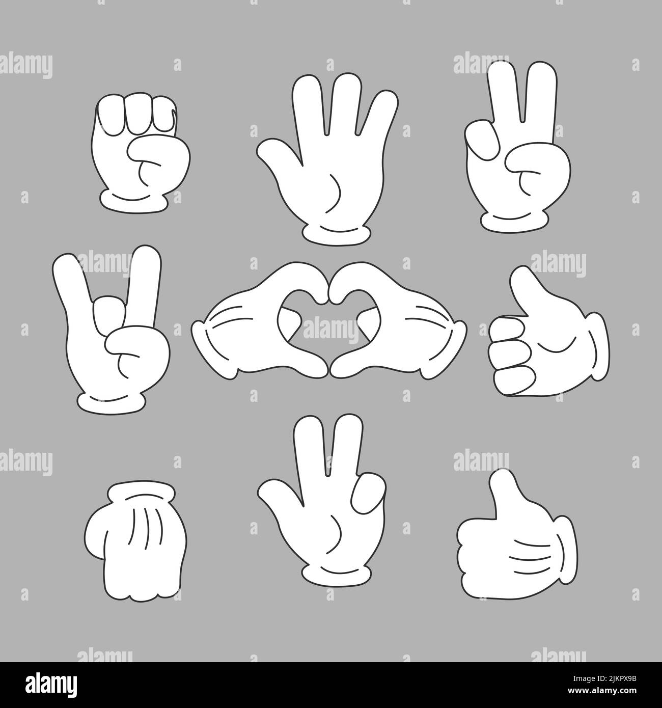 Set of hands with gloves in retro style. Cartoon hands with different ...