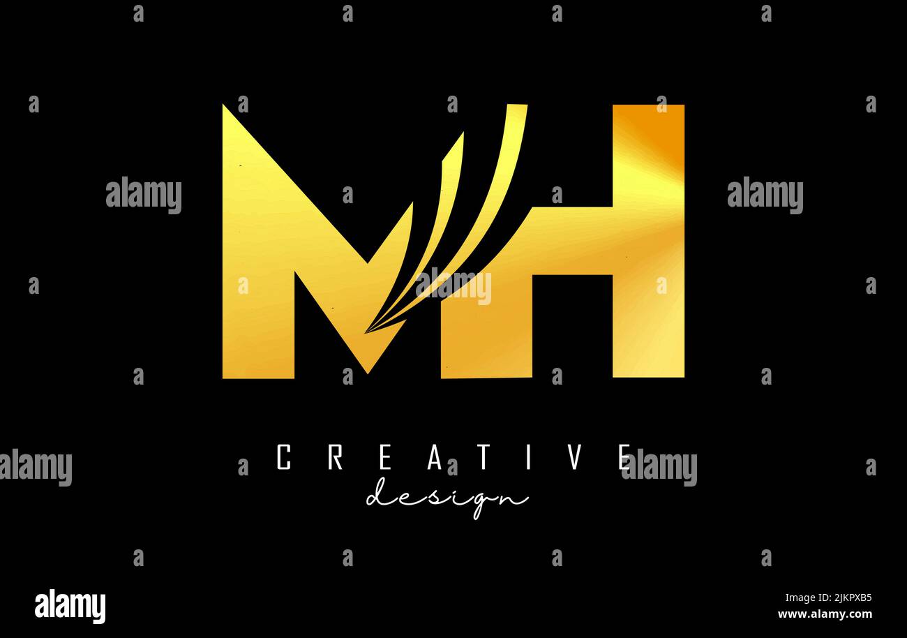 Creative golden letter MH m h logo with leading lines and road concept ...