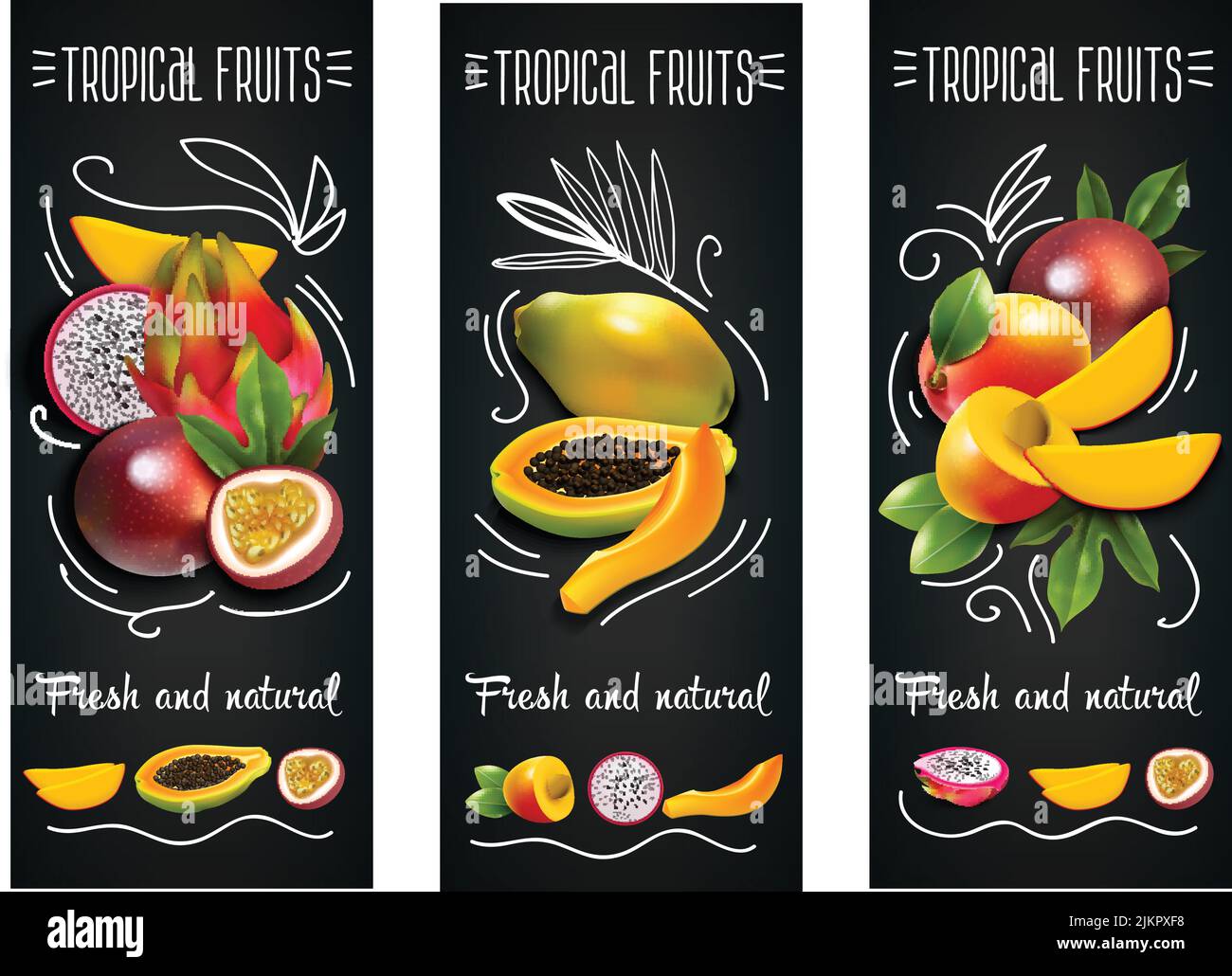 Three vertical tropical fruits chalkboard label set with fresh and ...