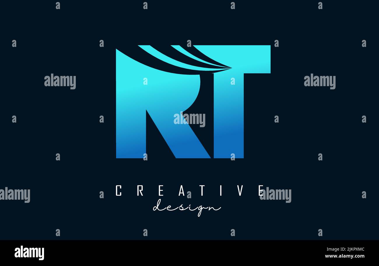 Creative blue letter RT R T logo with leading lines and road concept ...