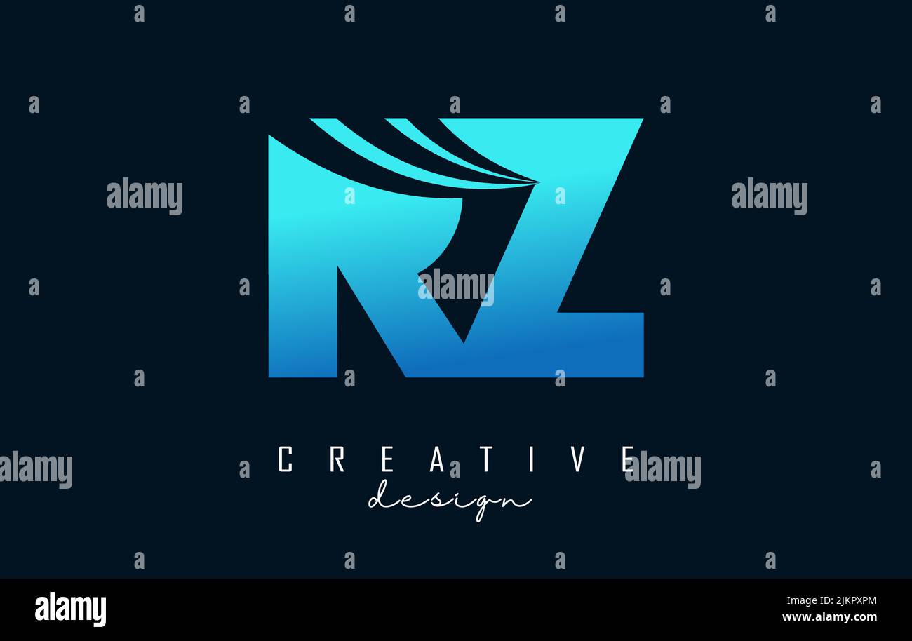 Creative blue letter RZ R z logo with leading lines and road concept ...