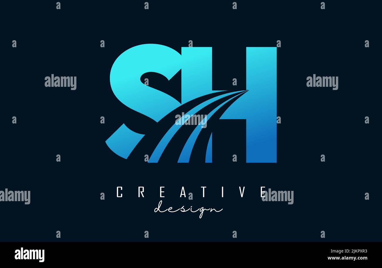 Creative blue letter SH s h logo with leading lines and road concept ...