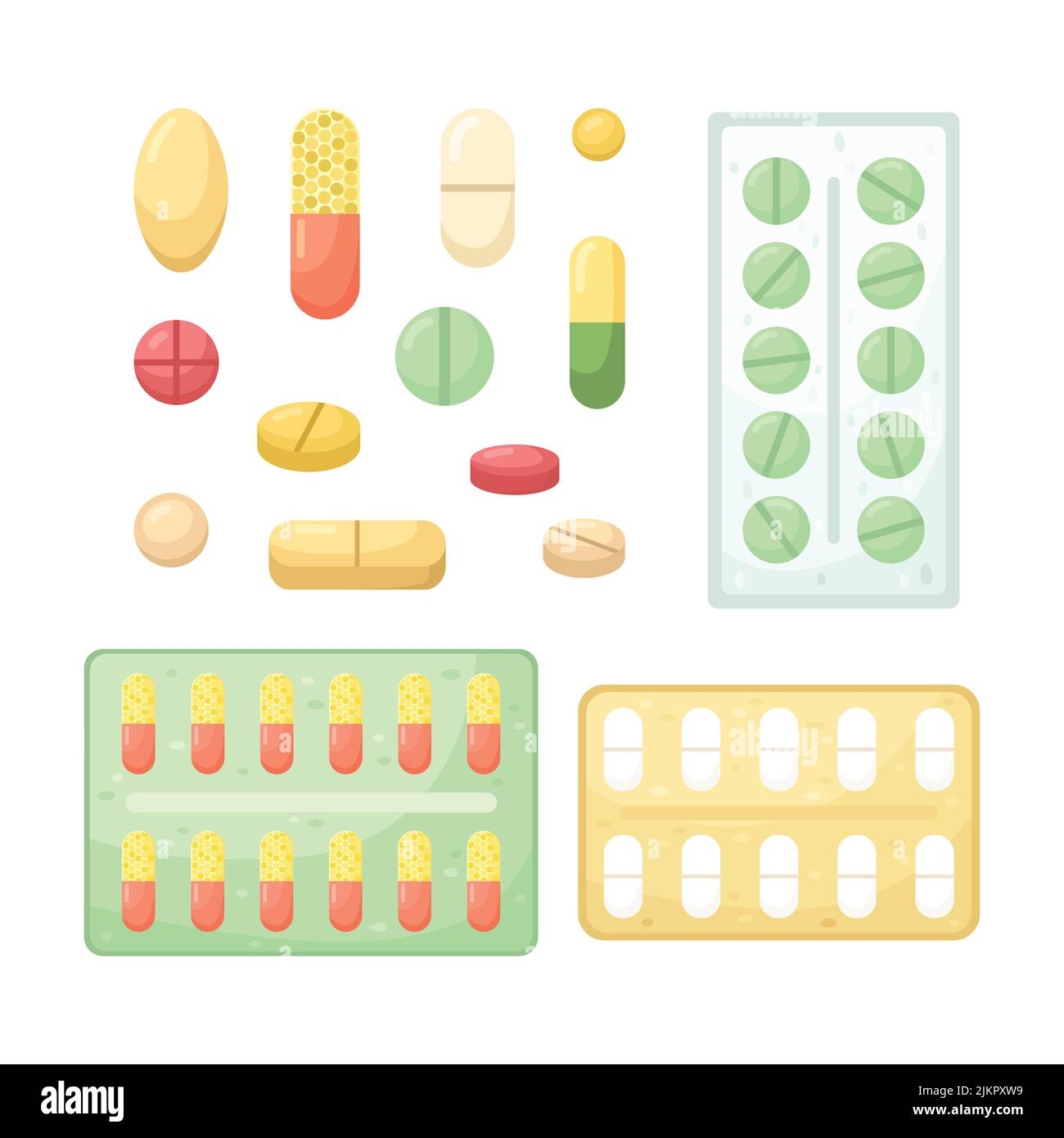 Vector set of illustrations of tablets, capsules and packages with ...