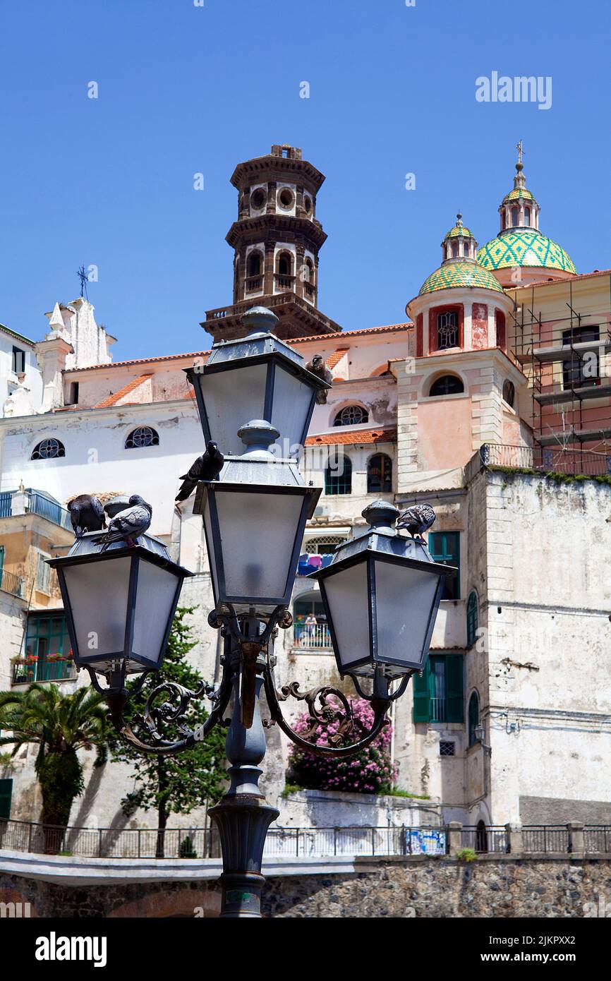 Street lamp and Church of Saint Mary Magdalene in Atrani, neighbor ...