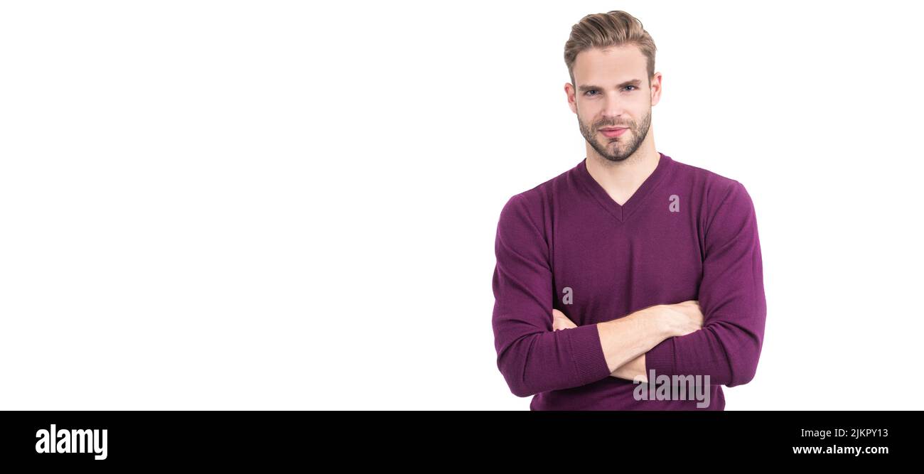 Confident guy wear casual fashion pullover keeping arms crossed ...