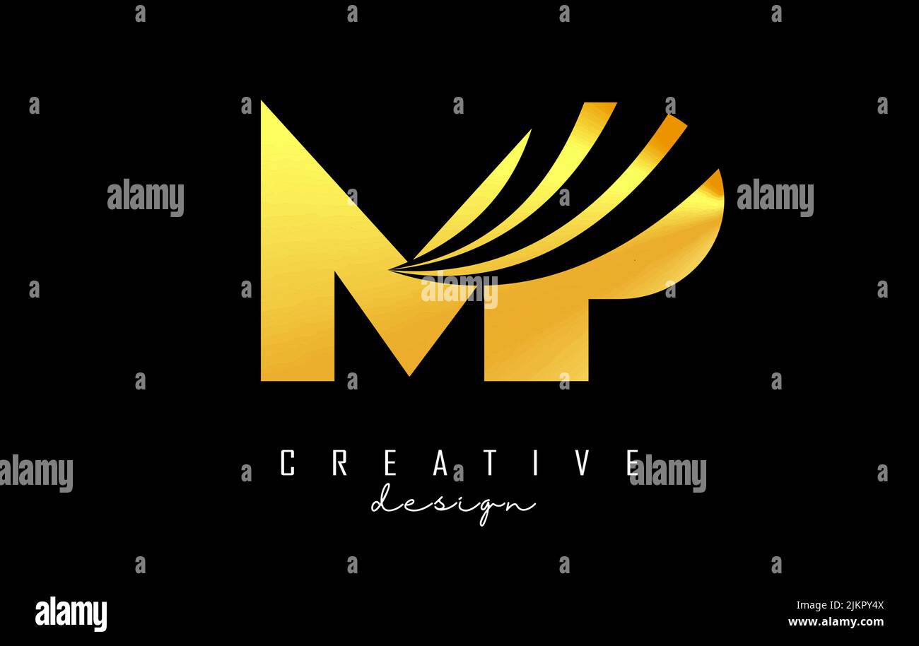 Creative golden letter MP m p logo with leading lines and road concept ...
