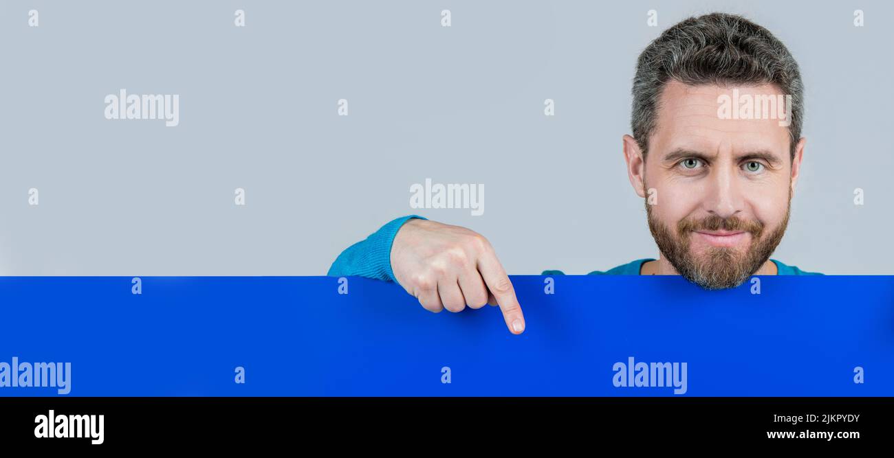 Man face portrait, banner with copy space. guy make announcement. male ...