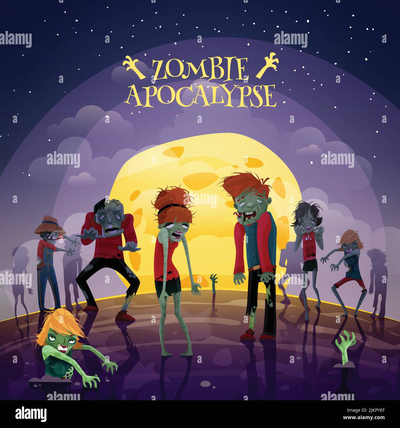 Zombie moonlight apocalypse cartoon background with moon sky and stars ...