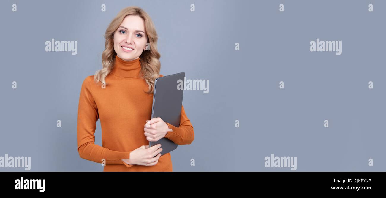 Woman portrait, isolated header banner with copy space. network ...