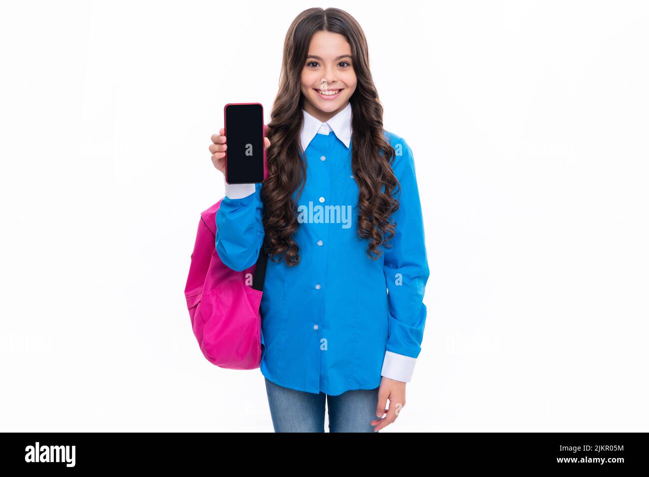 Teen school student girl hold backpack use mobile cell phone on white ...