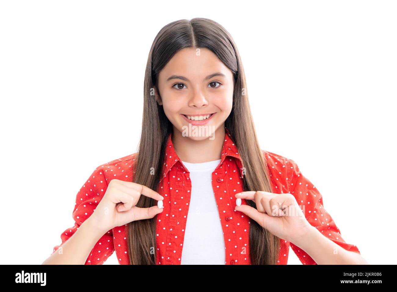 Child girl with pill. Taking medicine, vitamin supplements, treatment ...