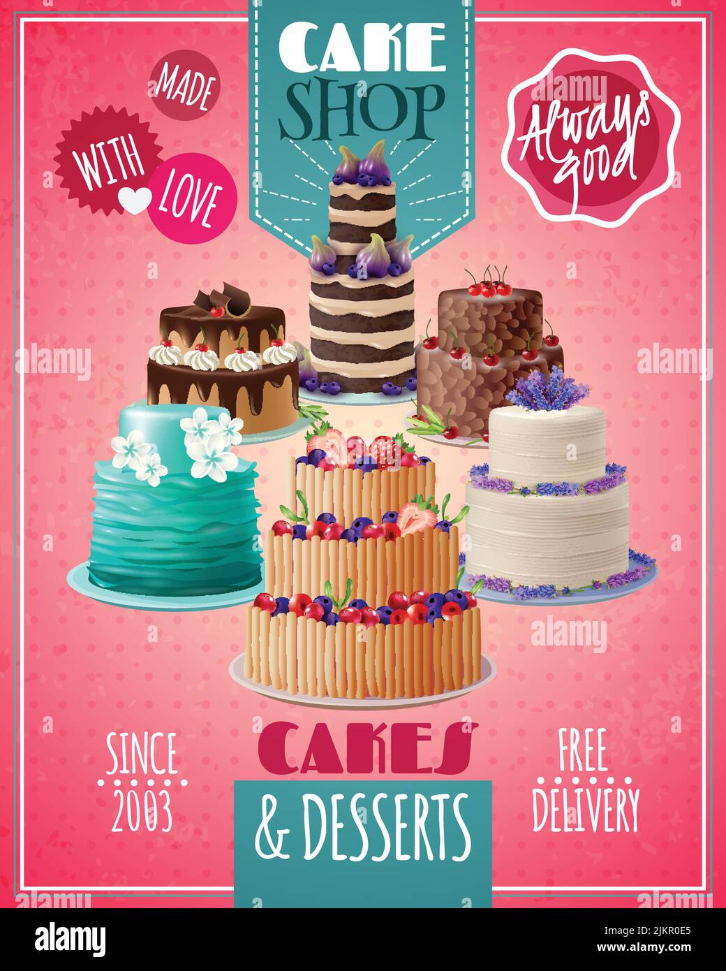 Baked cakes cartoon poster with fruit and chocolate cakes vector ...