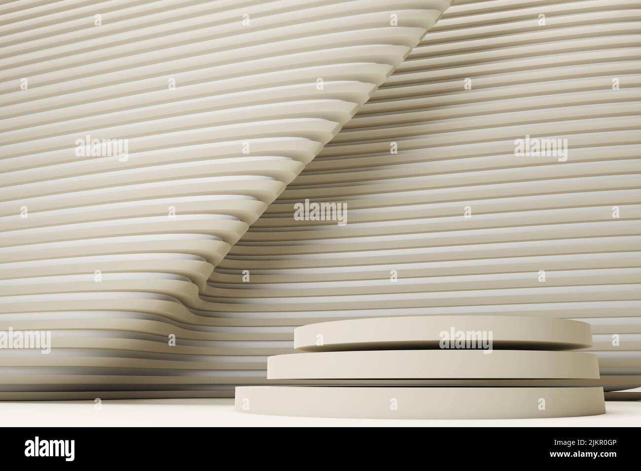 Abstract background striped geometric waveform wall with podium at ...