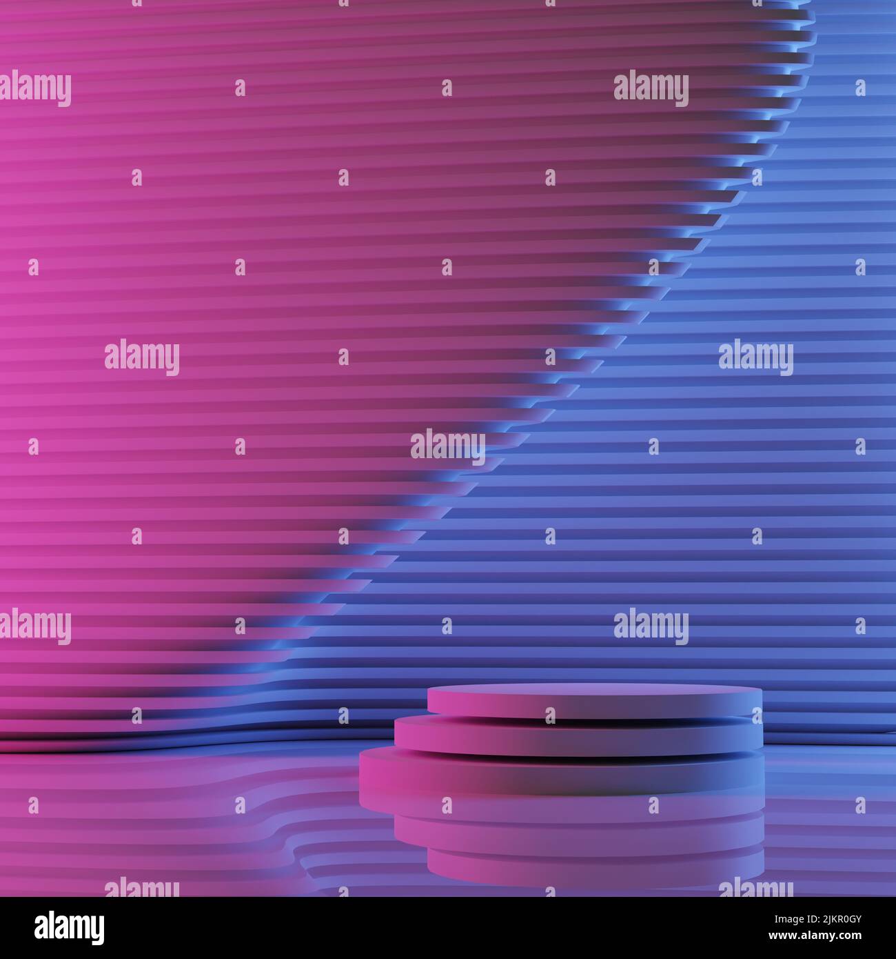 Abstract background striped geometric waveform wall with podium at ...