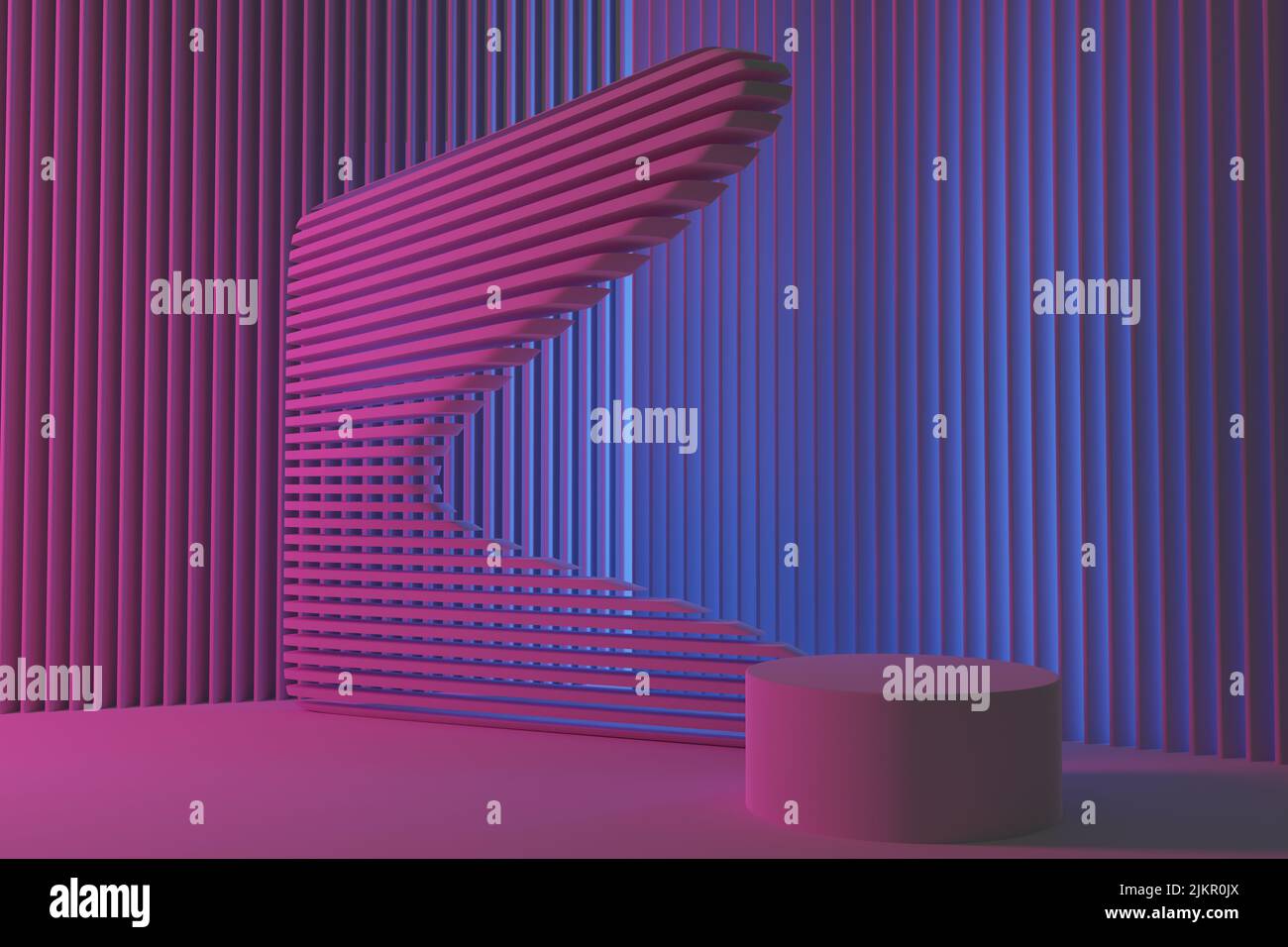 Abstract background striped geometric waveform wall with podium at ...